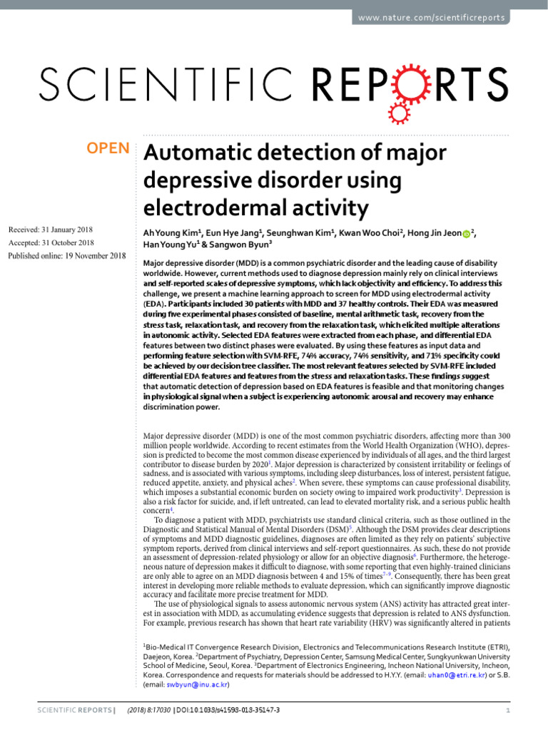2018 - NATURE - Automatic Detection of Major Depressive Disorder Using ...