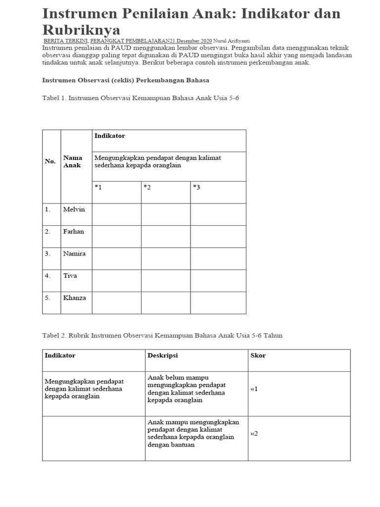 Instrumen Penilaian Anak | PDF
