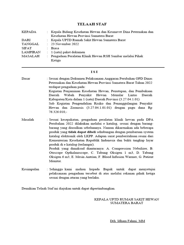 Telaah Staf Pengadaan Klinik Hewan | PDF