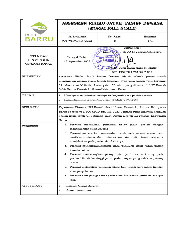 SKP 6.1 EP 1 SPO Morse Skrining Risiko Jatuh Dewasa | PDF
