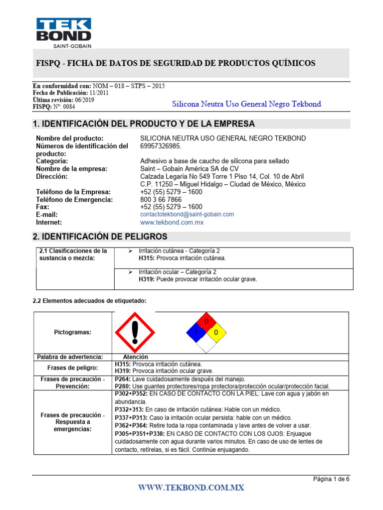 Ficha de Datos de Seguridad (MSDS) Silicona Estructural | PDF | Dióxido de carbono | Toxicidad