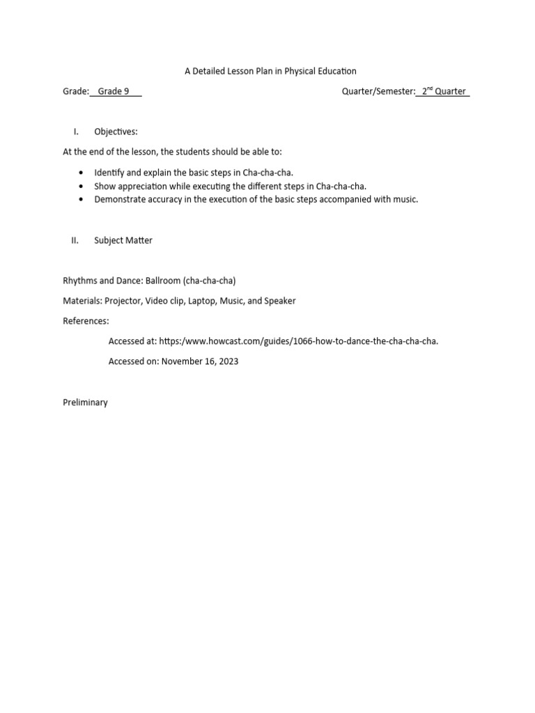 Grade 9 Cha-Cha-Cha Lesson Plan | PDF | Human Communication | Cognitive ...