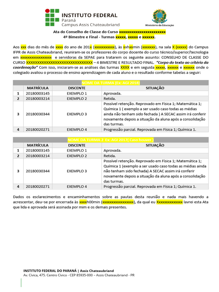 Modelo de ATA Final de Periodo Letivo | PDF | Ciências e Matemática