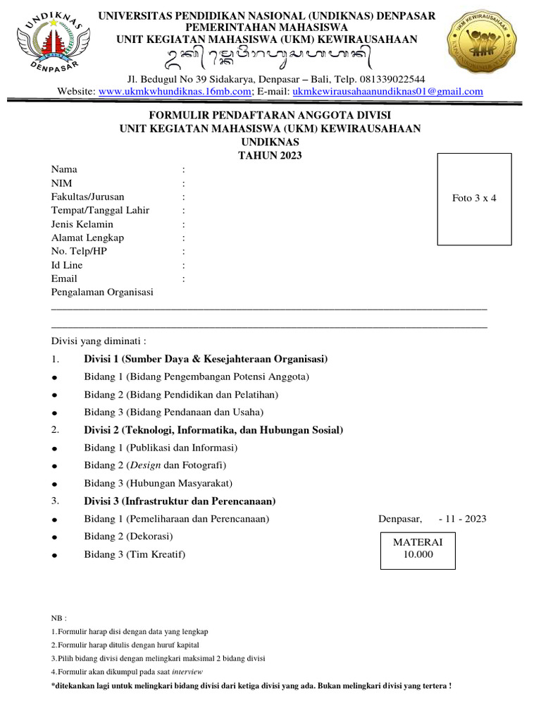 Form Anggota Divisi 2023-2024 Ukm KWH | PDF