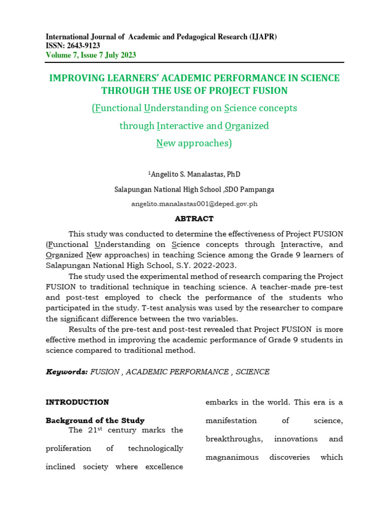 Improving Learners' Academic Performance in Science Through The Use of ...