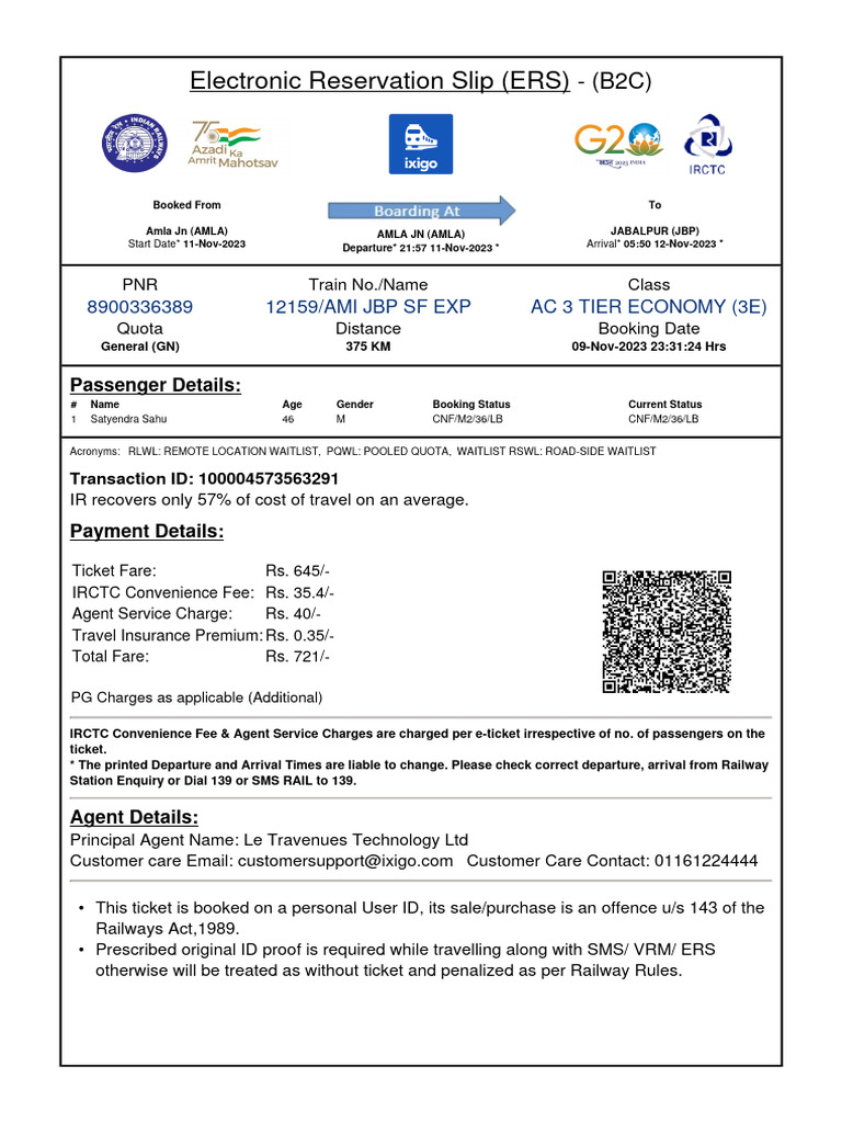 Electronic Reservation Slip (ERS) : 8900336389 12159/ami JBP SF Exp Ac ...