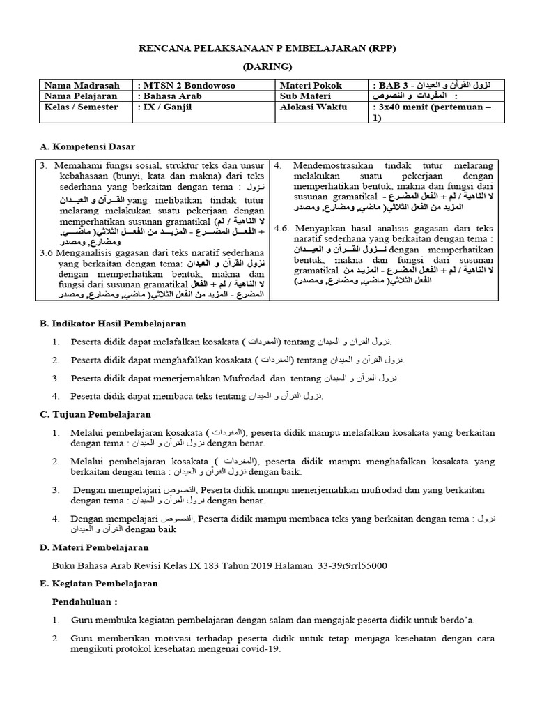 RPP Bahasa Arab Kelas IX | PDF | Seni & Disiplin Bahasa
