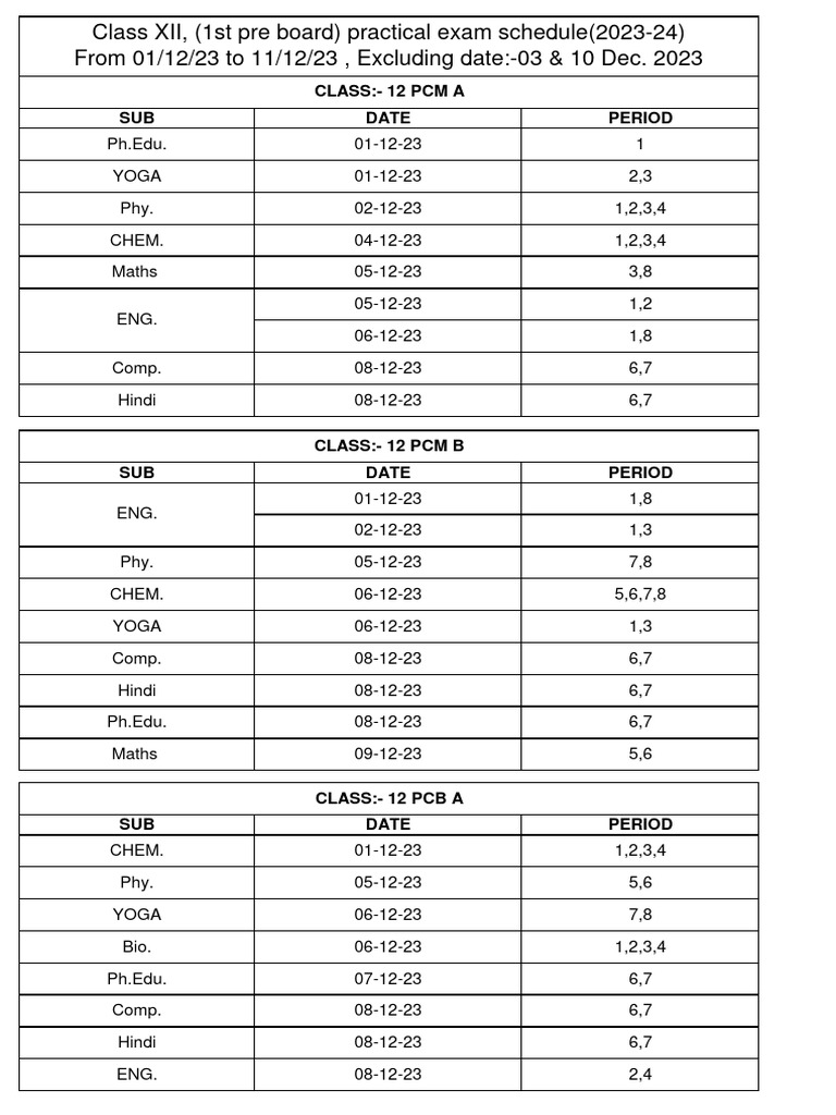 1st Pre Board Practical Exam Schedule (XII) .. | PDF