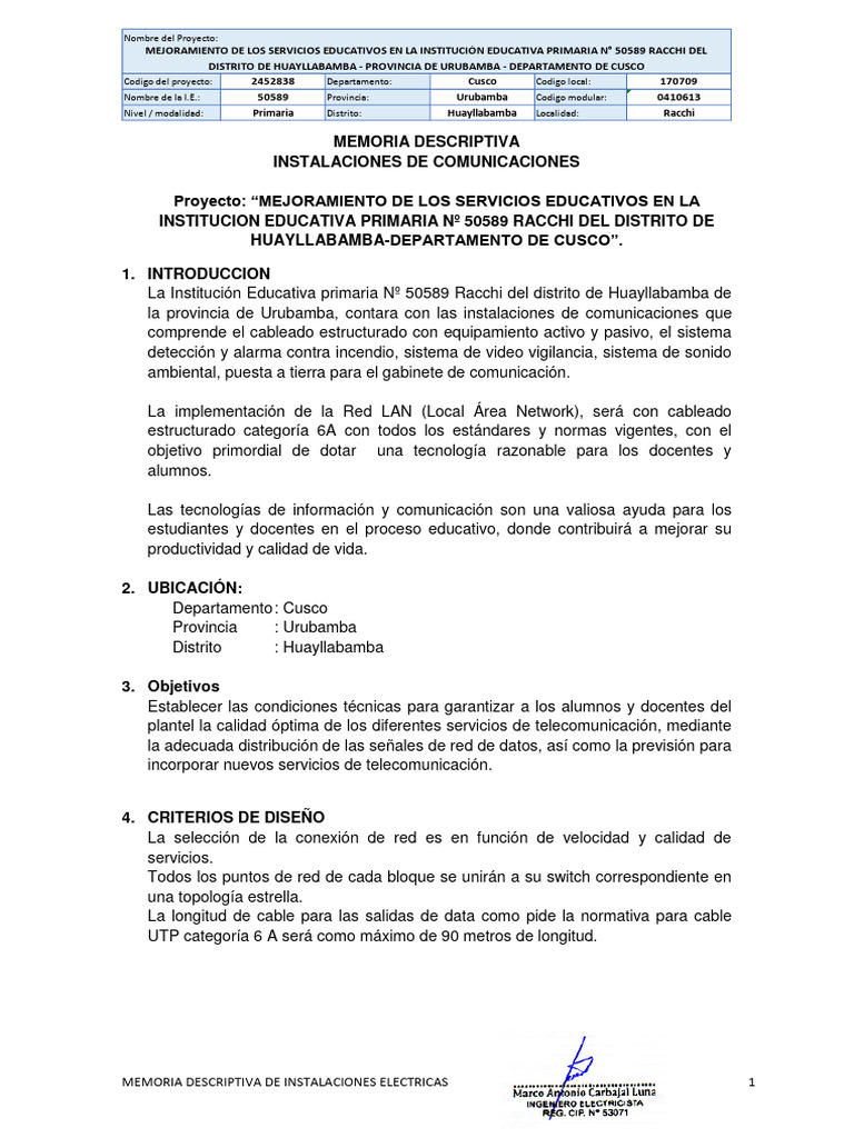01 Memoria Descriptiva Comunicaciones Iep 50589 Racchi | PDF | Telecomunicaciones | Red de ...
