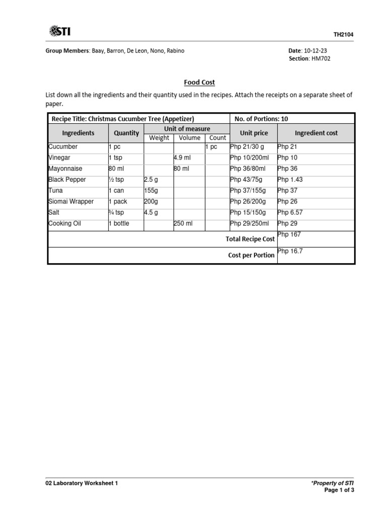 04 Laboratory Exercise 1 - Costing | PDF | European Cuisine | Asian Cuisine 04 Laboratory Exercise 1 - Costing | PDF | European Cuisine | Asian Cuisine