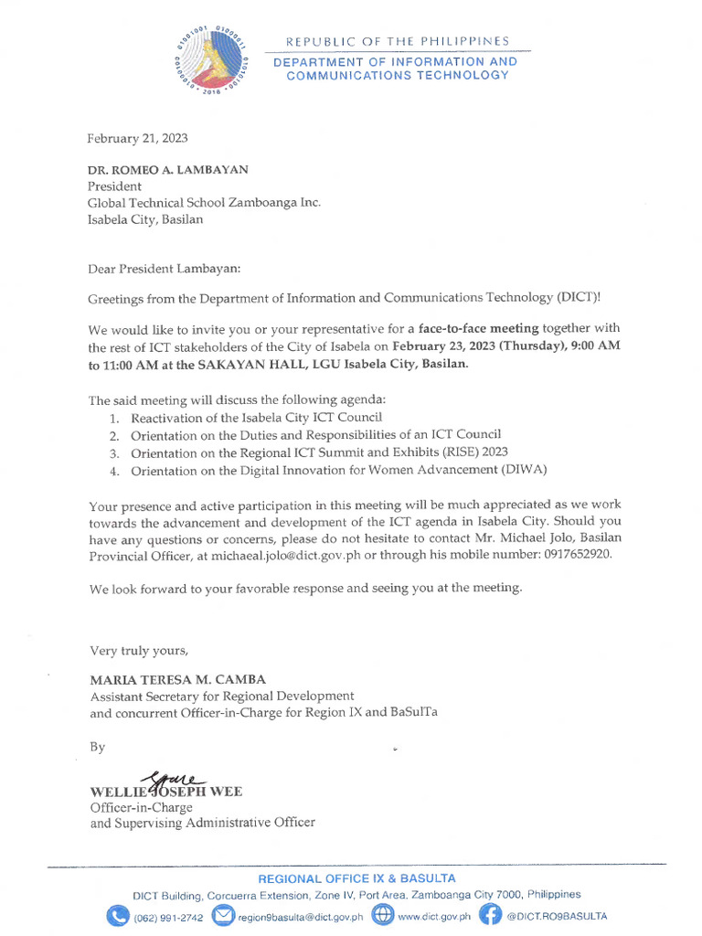 Invitation Letter To Global Technical School Zamboanga Inc. For A Face ...