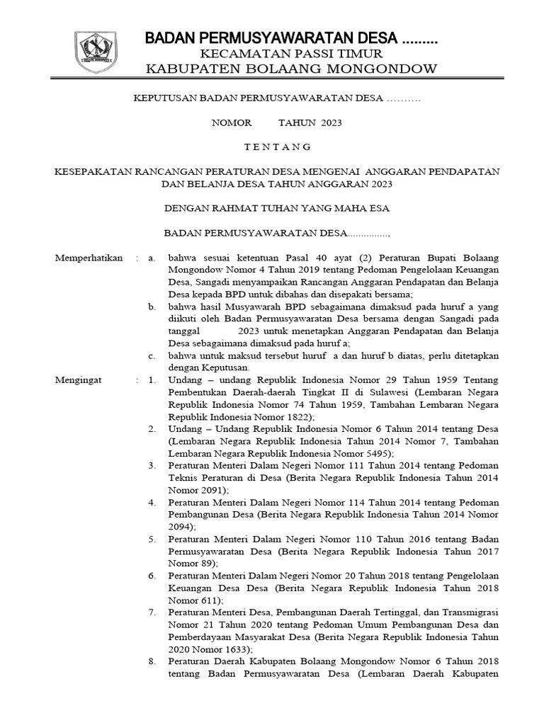 Contoh Persetujuan BPD TTG Perdes APB Desa TA 2023 | PDF