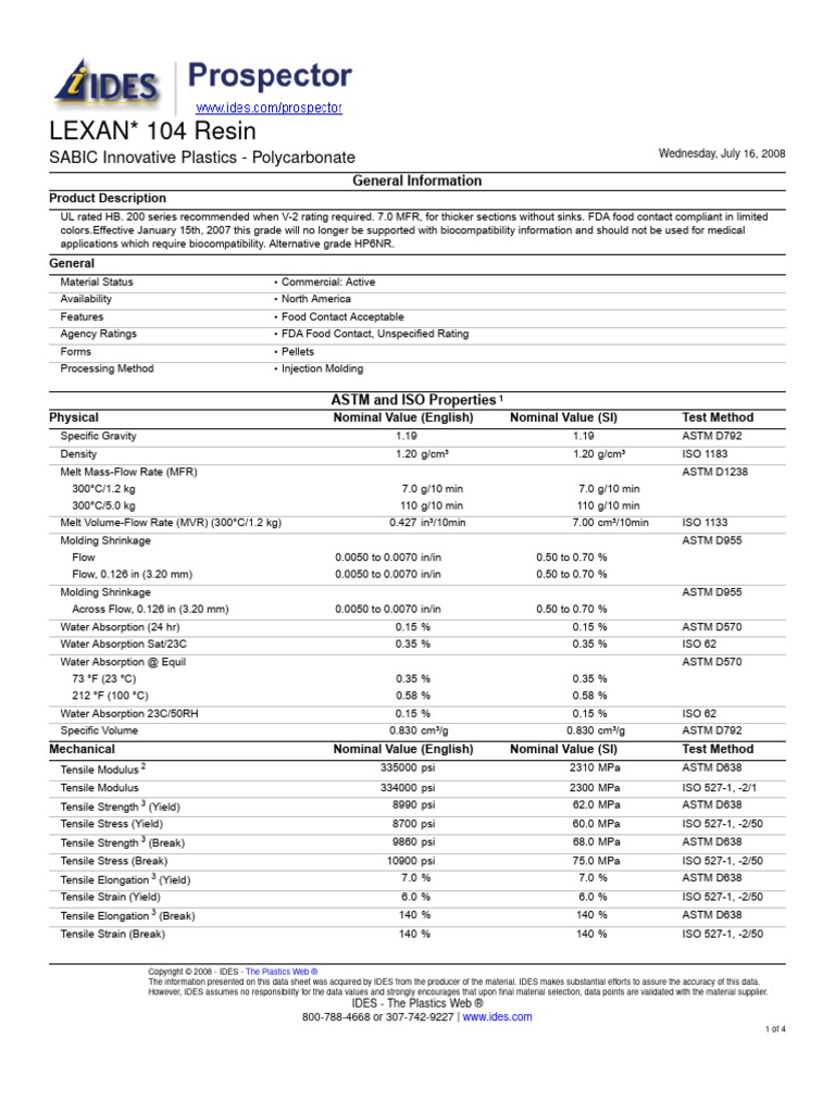 PC Lexan 104 | PDF | Ultimate Tensile Strength | Yield (Engineering)