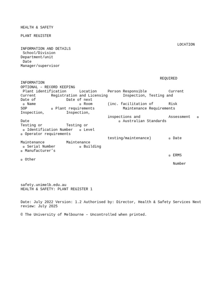Plant Register | PDF | Occupational Safety And Health | Safety