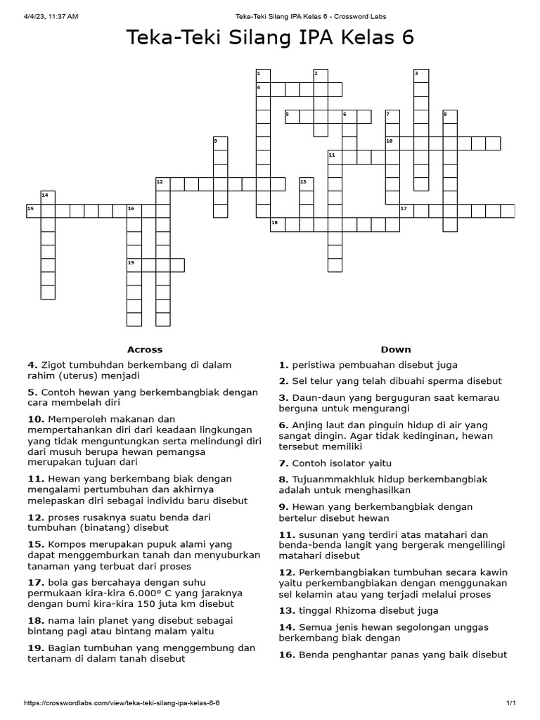 Teka-Teki Silang IPA Kelas 6 - Crossword Labs | PDF