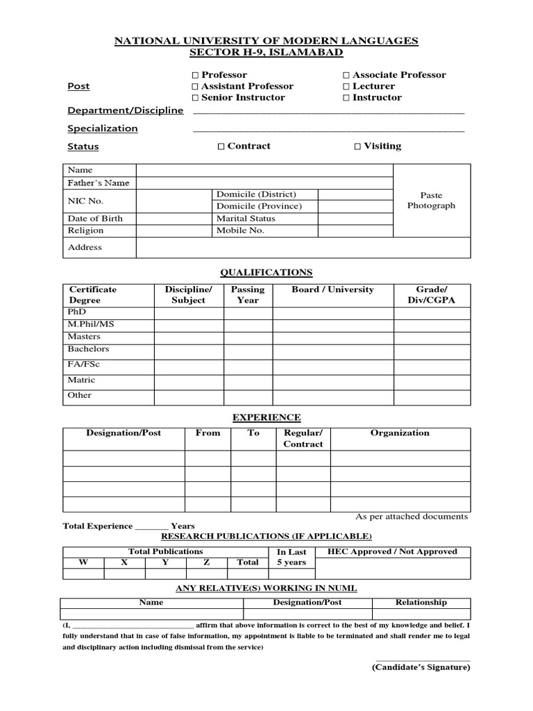 NUML Application Form | PDF | Vocational Education | Qualifications
