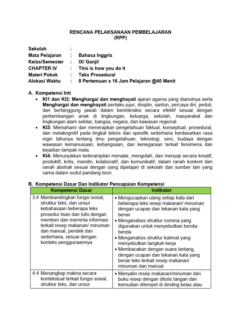 RPP Bahasa Inggris Kelas IX: Teks Prosedural | PDF