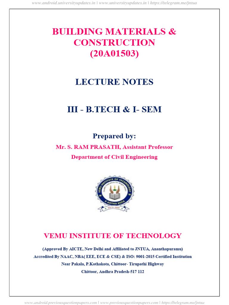 JNTUA Building Materials and Construction Notes - R20 | PDF | Building ...
