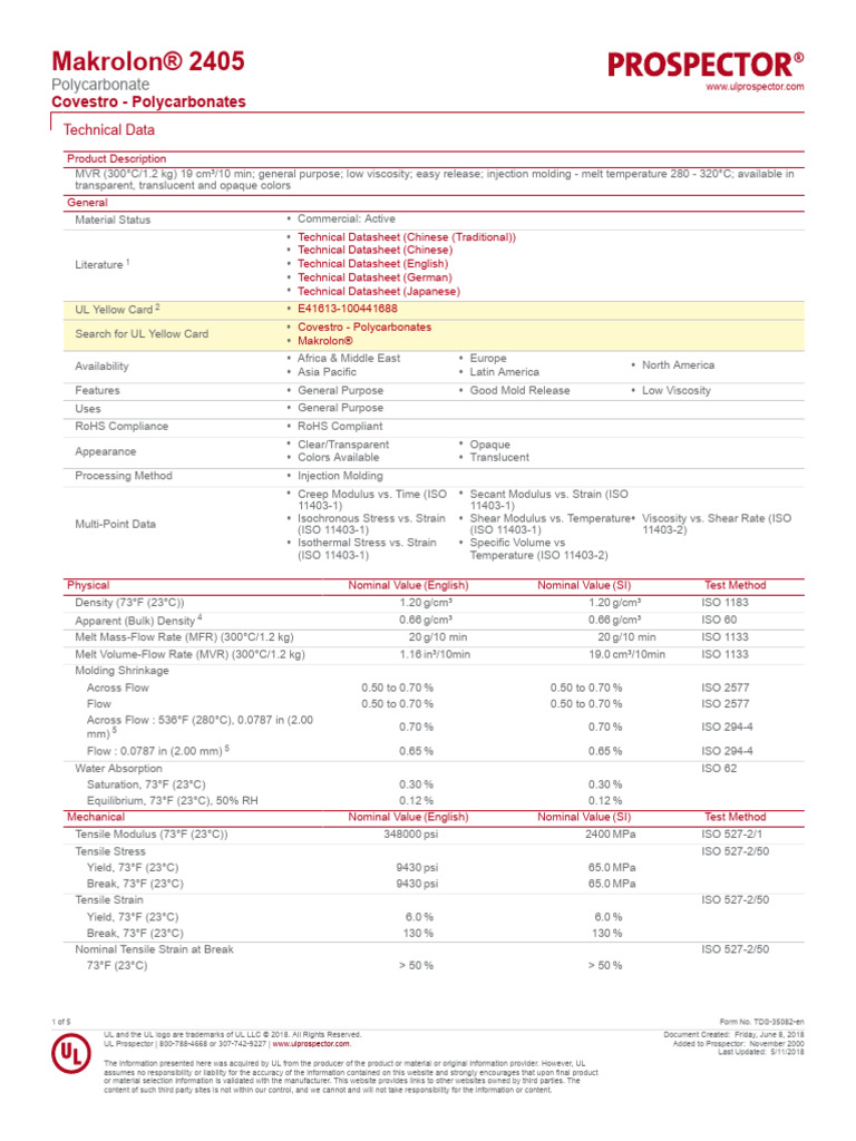 PC Makrolon 2405 | Download Free PDF | Pascal (Unit) | Young's Modulus