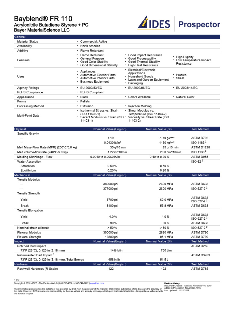 PC-ABS Bayblend FR110 | PDF | Ultimate Tensile Strength | Pascal (Unit)