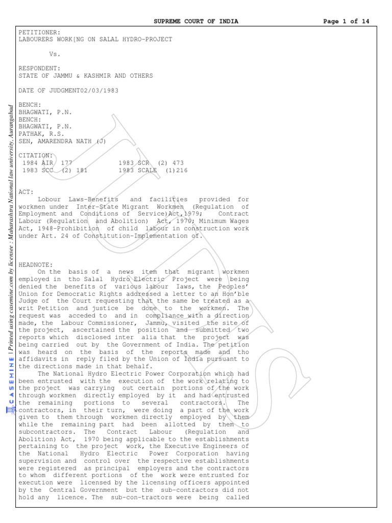 Labourers Working On Salal Hydro Project v. State of Jammu & Kashmir ...