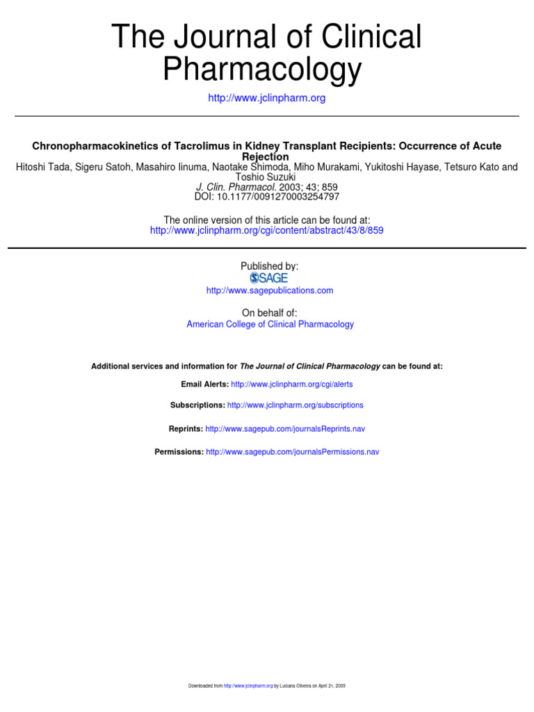 Chronopharmacokinetics of Tacrolimus in Kidney Transplant Recipients ...