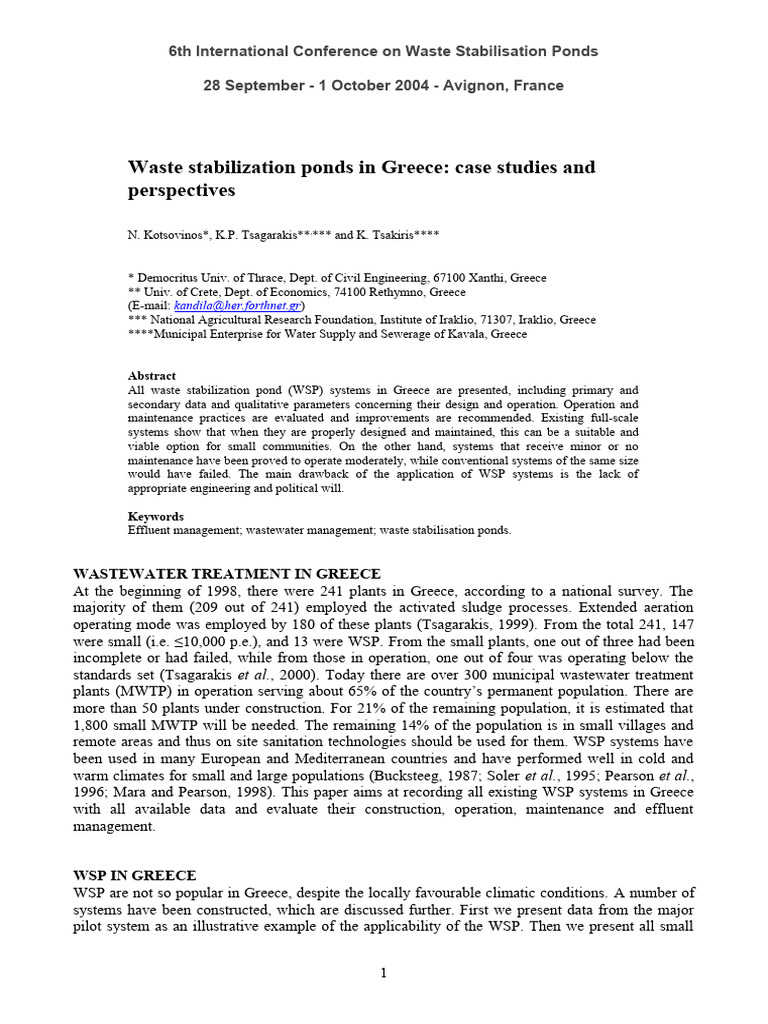2004 Kotsovinos Tsagarakisat Al Waste Stabilization Ponds in Greece Case Studies and ...