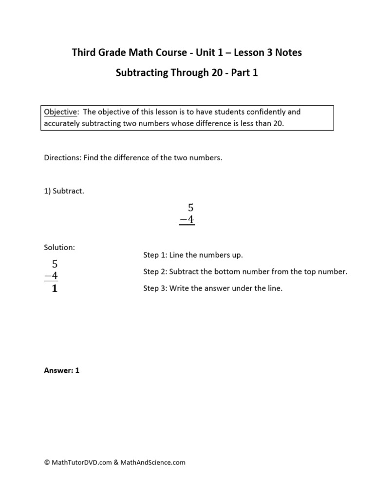 Third Grade Math Course - Unit 1 - Lesson 3 Notes - Subtracting Through ...