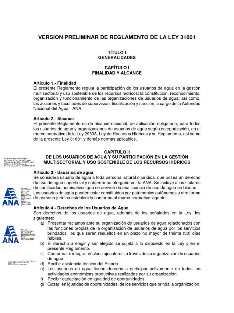 Version Preliminar de Reglamento de La Ley 31801 | PDF | Agua | Regulación