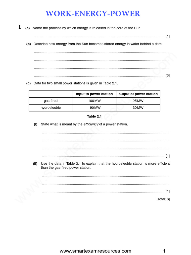 1.26.1 Work Energy Power Set 1 QP Ms | PDF | Turbine | Power Station