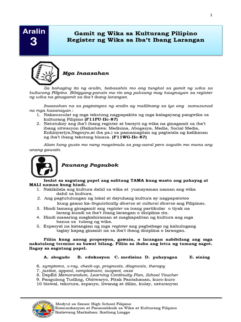 Filipino Komunikasyon Q2 Week 3 Validated With Answer Sheet | PDF