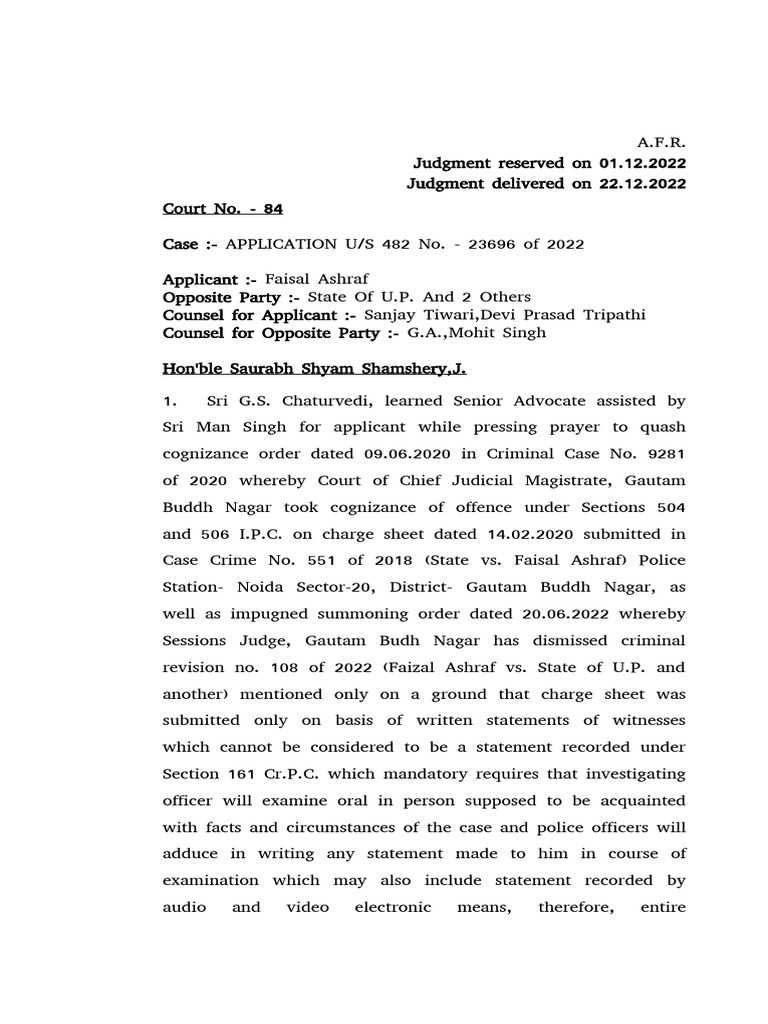 Faisal Ashraf Vs State of Up and 2 Others Application Us 482 No 23696 of 2022 Allahabad High ...
