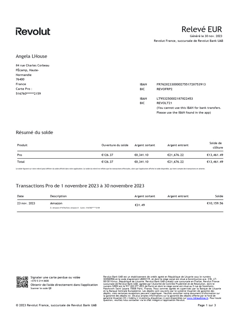 Relevé Bancaire Revolut | PDF | Banques | Bancaire