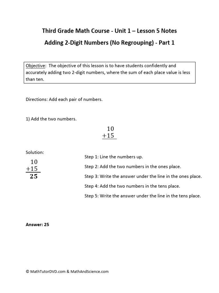 Third Grade Math Course - Unit 1 - Lesson 5 Notes - Adding 2-Digit ...