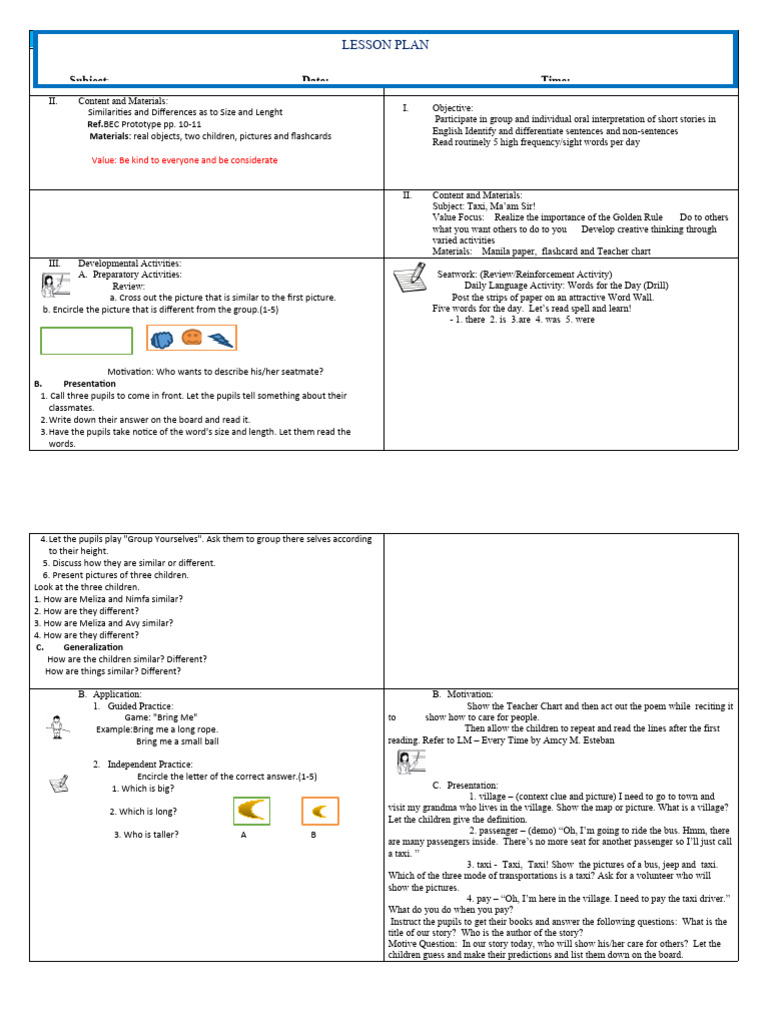 Grade I Lesson Plan: Visual Discrimination & Storytelling | PDF ...
