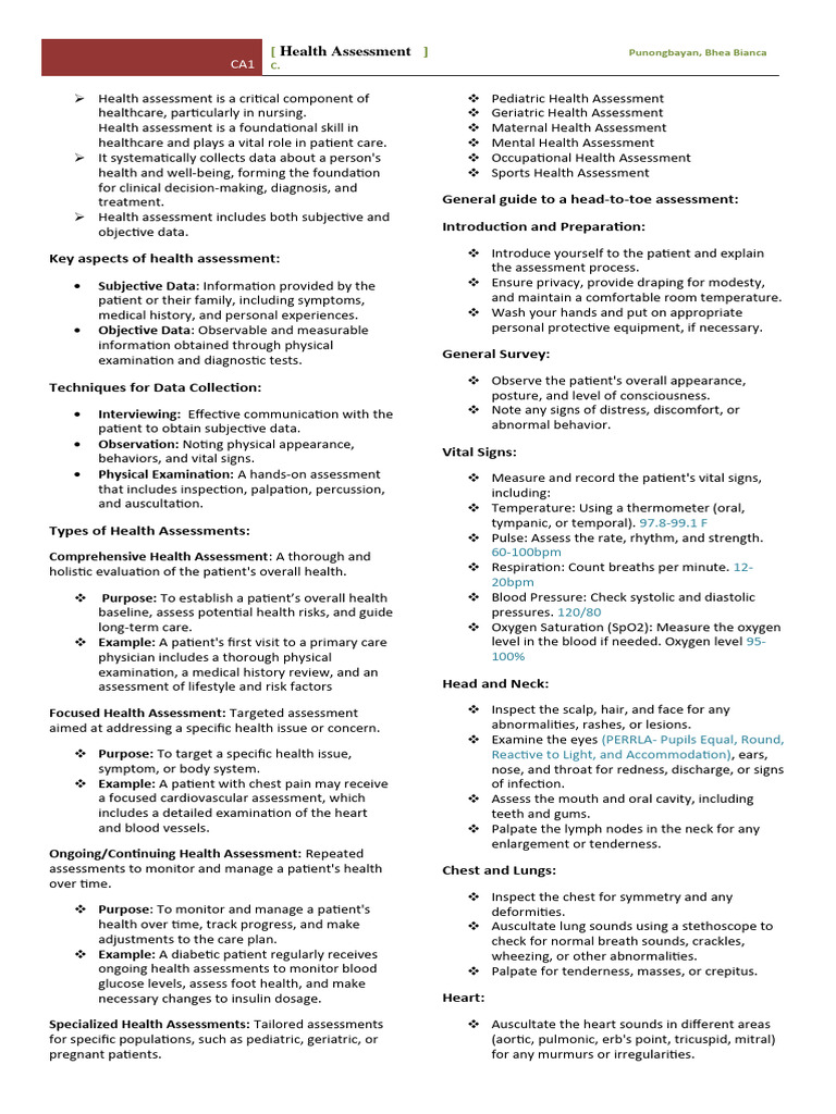 Health Assessment | Download Free PDF | Physical Examination | Blood ...