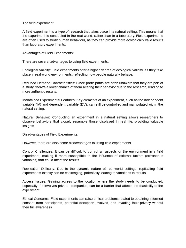 Advantages and Disadvantages of Field Experiments | PDF | Science ...