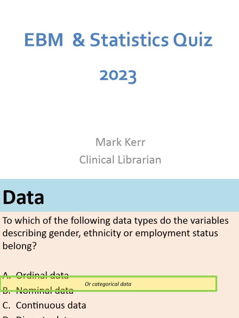 EBM QUIZ Oct 2023 | PDF | Type I And Type Ii Errors | Statistics