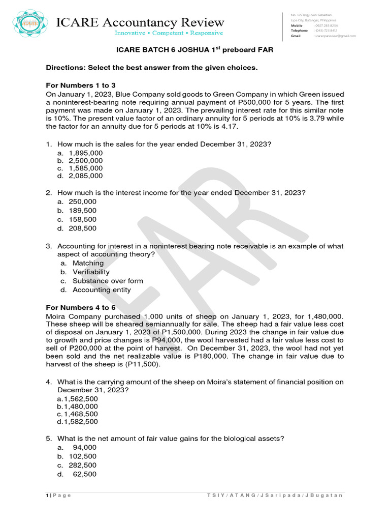 FAR 1st Preboard Questionaires | PDF | Fair Value | Bonds (Finance)