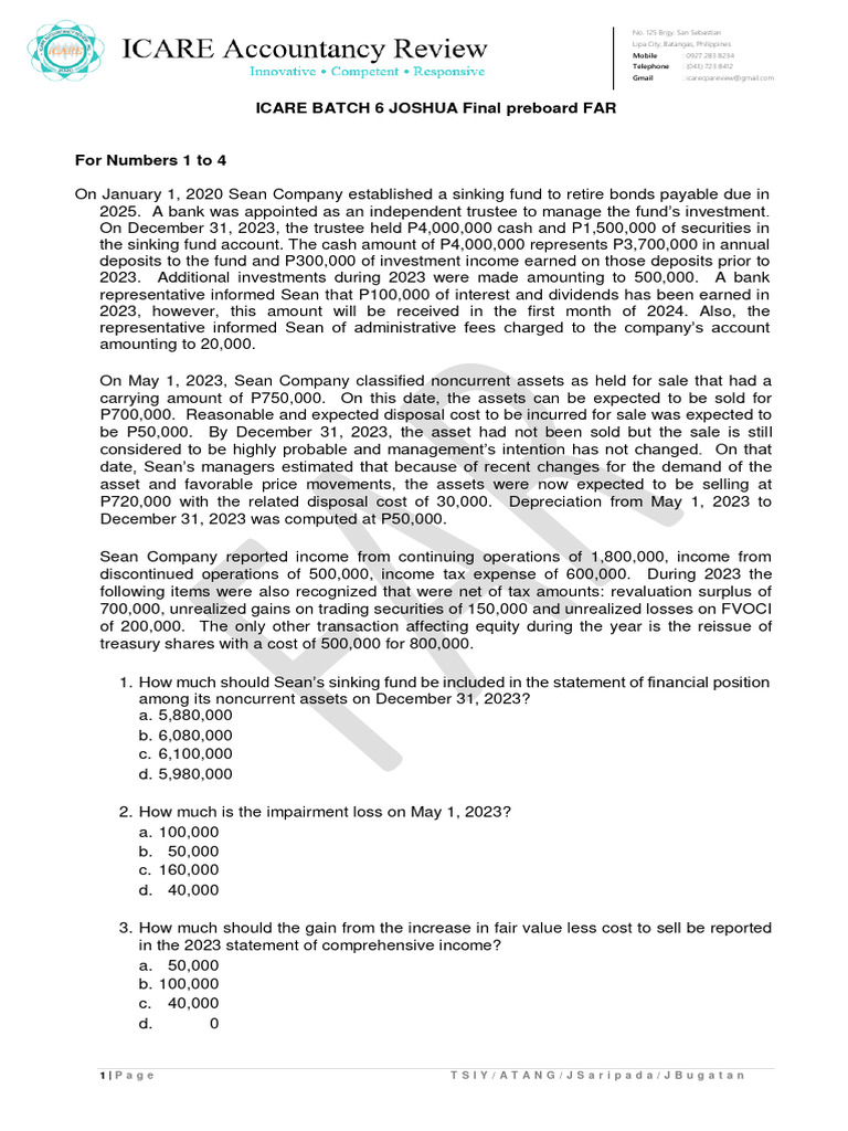 ICARE Batch 6 Final Preboard FAR | PDF | Depreciation | Bonds (Finance)