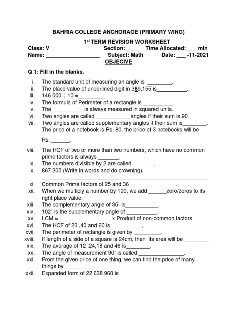 1st Term Revision Worksheet | Download Free PDF | Elementary ...