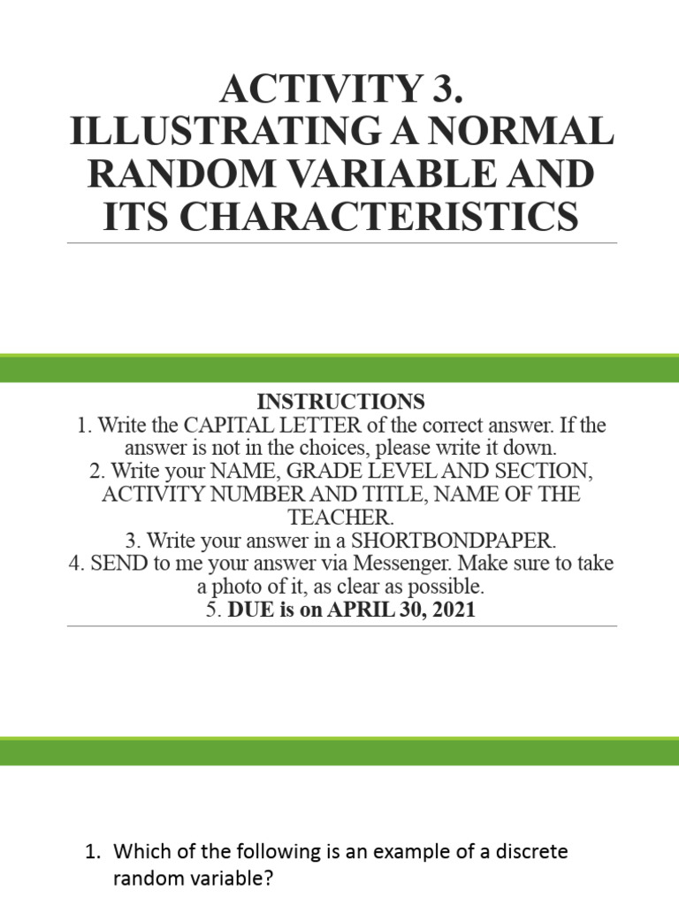 Activity 3. Illustrating A Normal Random Variable and Its Characteristics | PDF | Normal ...