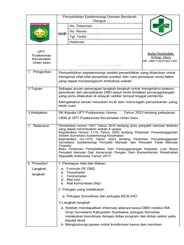 SOP PE (Penyelidikan Epidemiologi) DBD - Fix | PDF