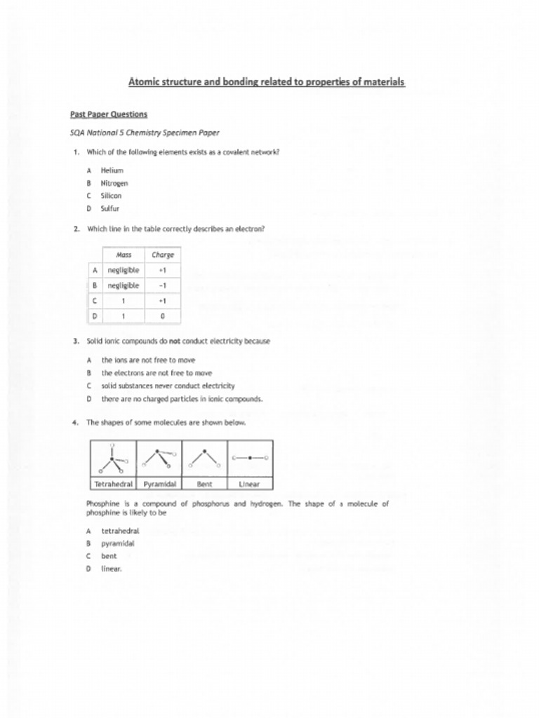 Atomic Structure and Bonding Past Paper Questions | PDF