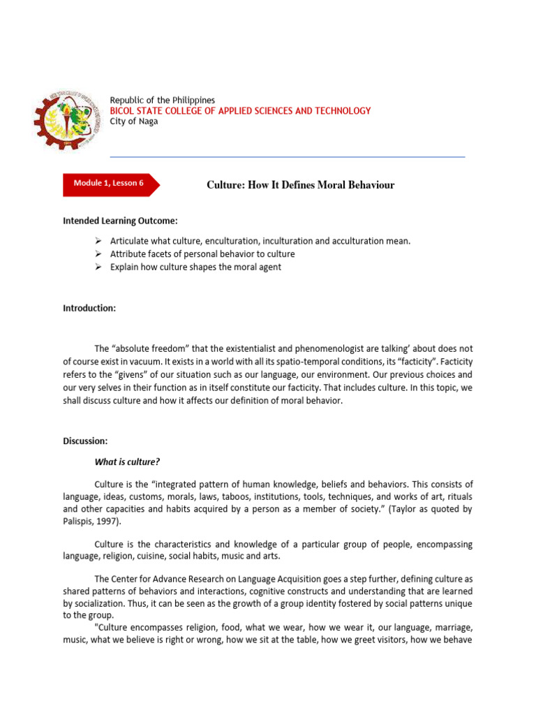 Culture And Moral Behaviour Pdf Behavior Socialization