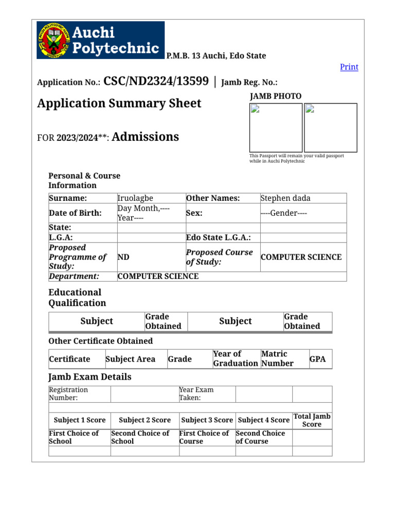 Auchi Polytechnic Admission Summary 2023 | PDF