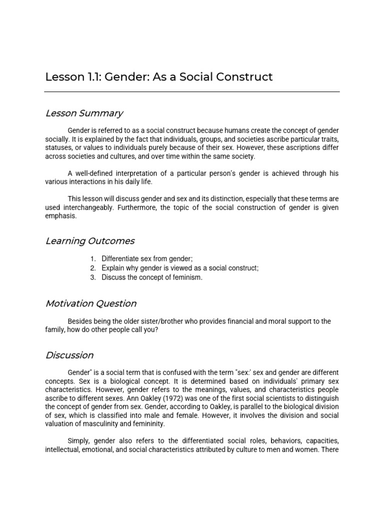 Lesson 1 Gender As A Social Construct | PDF | Gender | Gender Studies