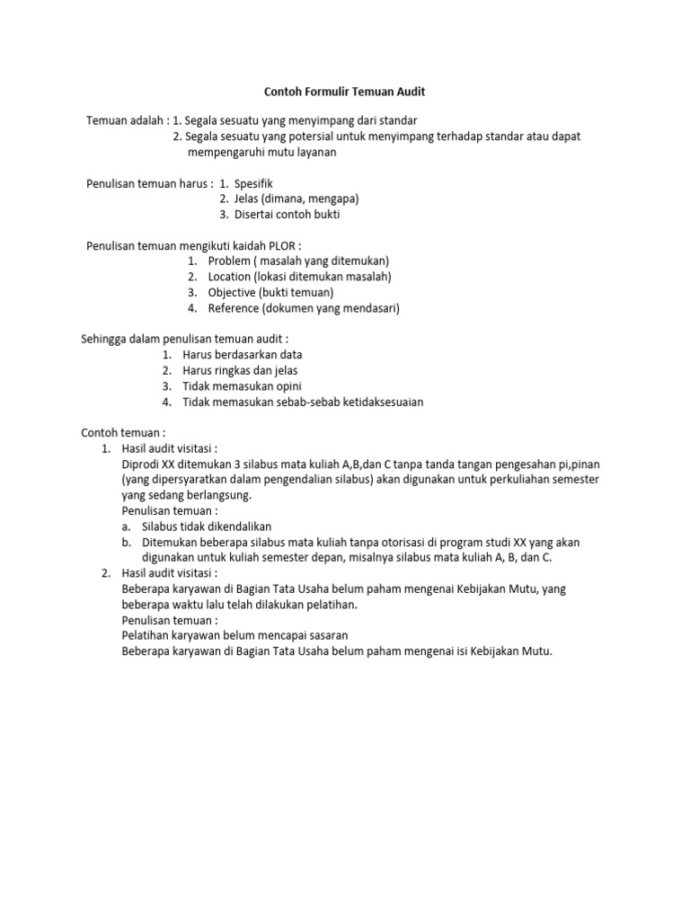 Contoh Formulir Temuan Audit | PDF
