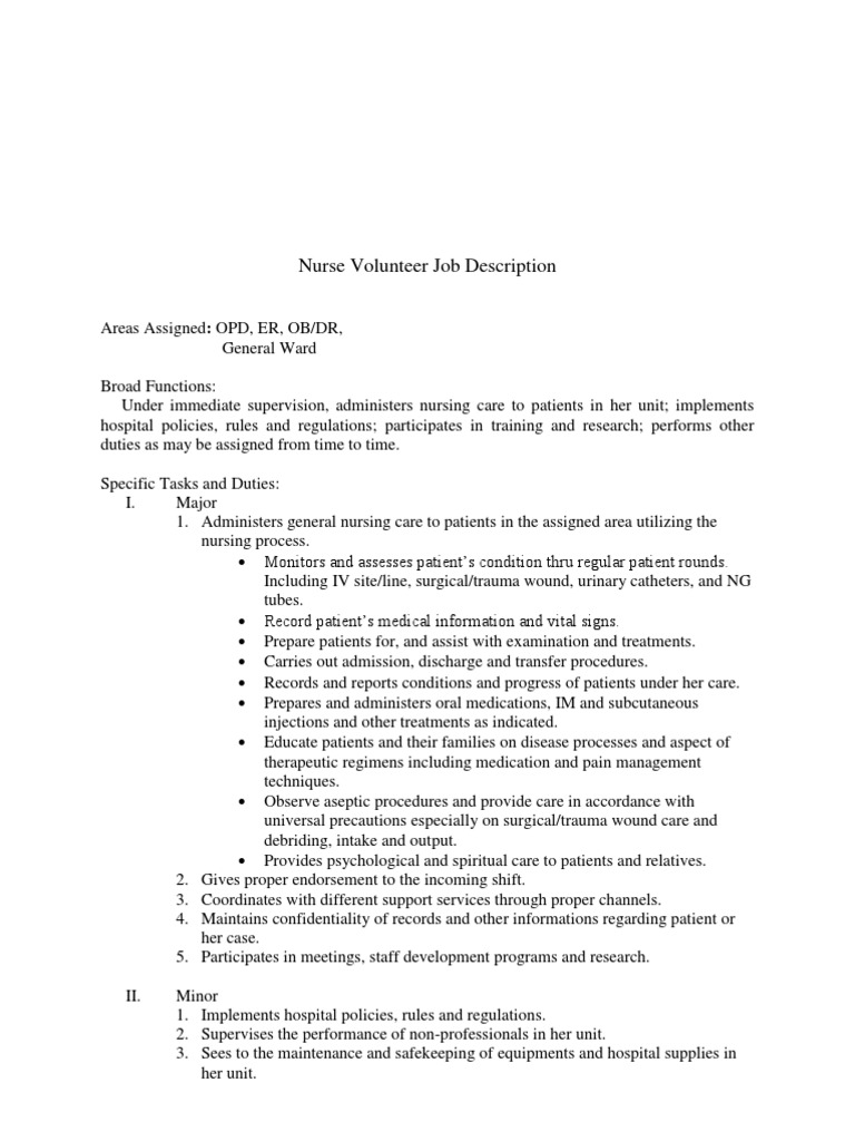 Nurse Volunteer Job Description | PDF | Nursing | Hospital