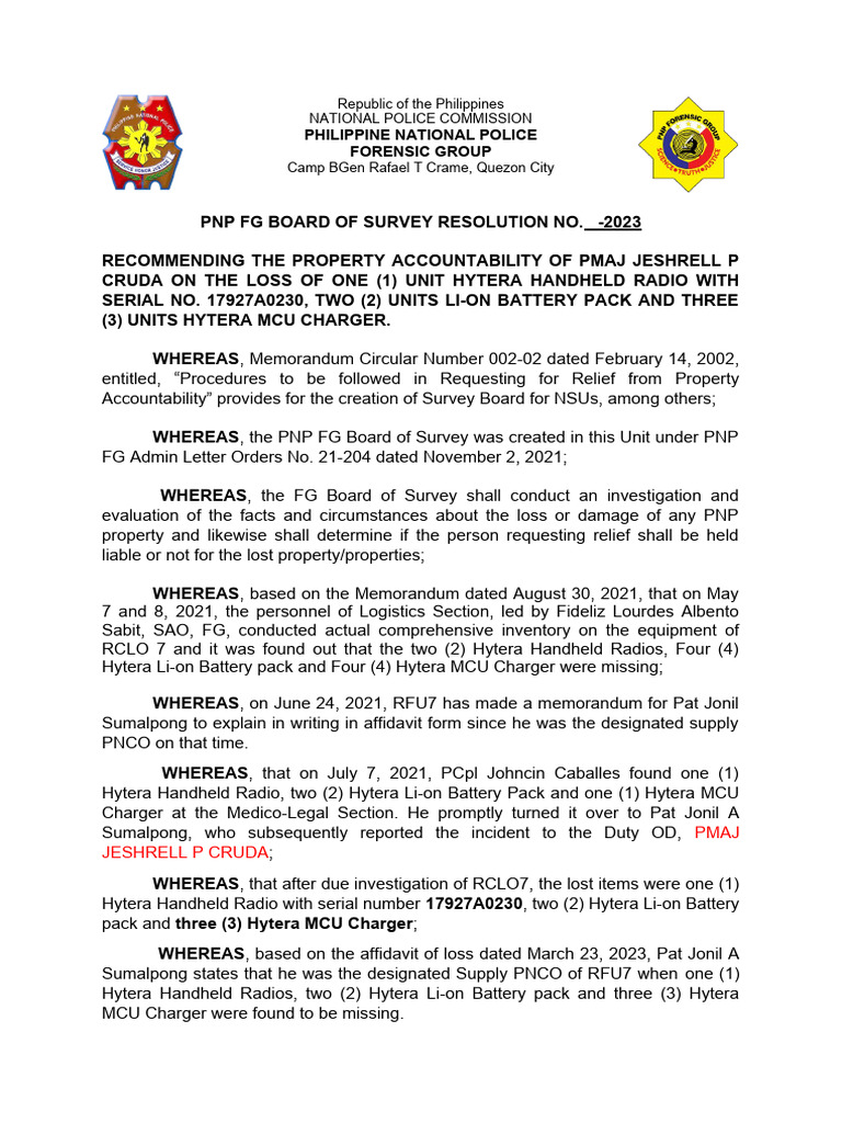 PNPFG Board Survey on Lost Equipment | PDF | Government | Common Law
